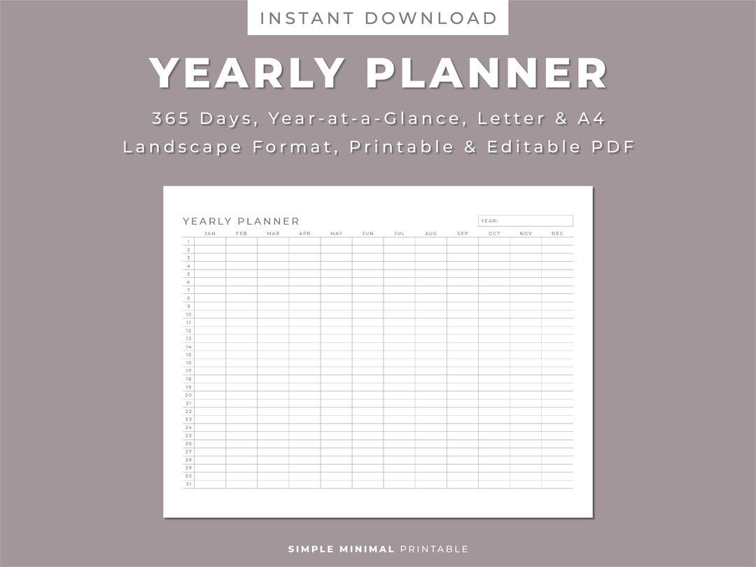 Yearly Planner Printable: Minimalist 365-day Landscape (editable PDF ...