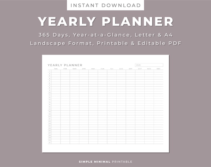 Undated Year Calendar Printable & Fillable, Year at a Glance, Year on ...