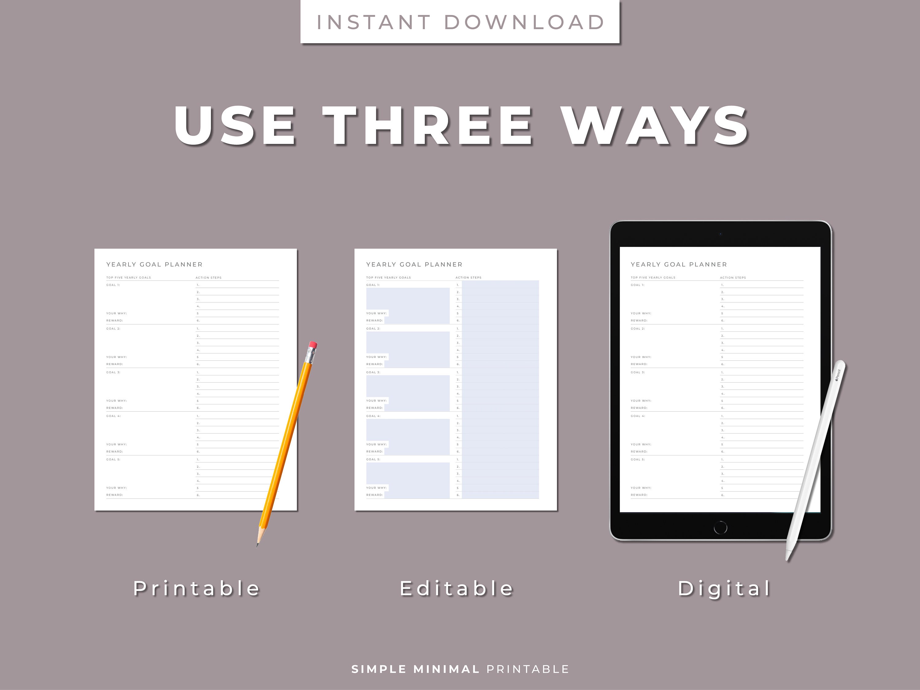 Yearly Top 5 Goal Planner Printable, 2-page, Goal Setting, Goal ...