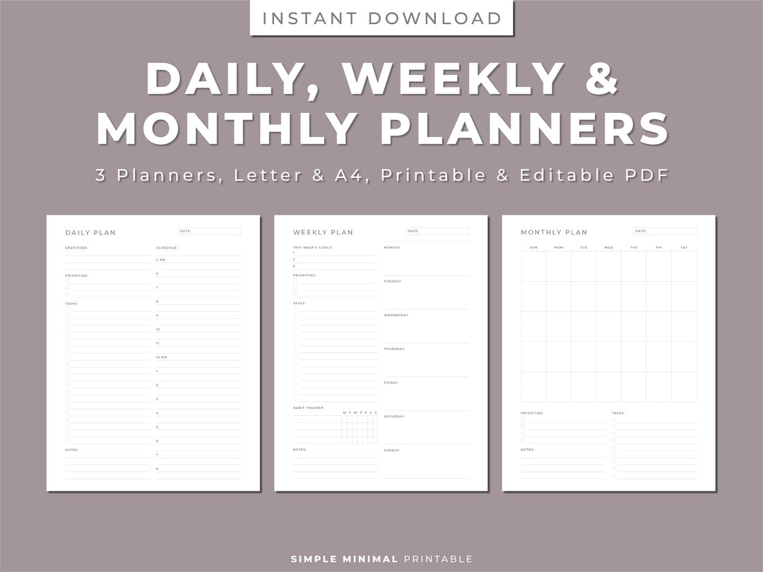 Daily, Weekly & Monthly Planners, Printable/editable Planner ...