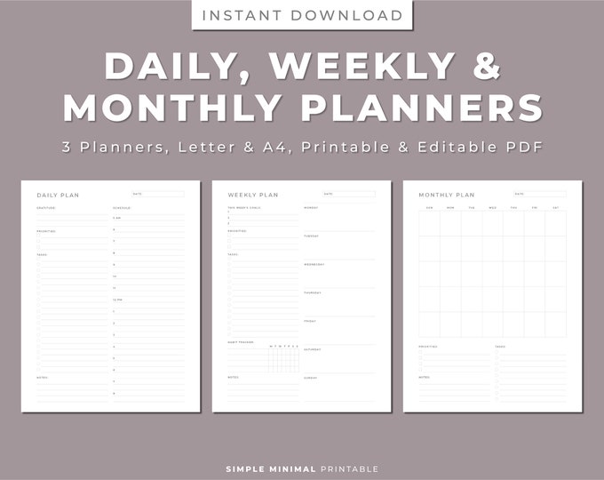 Editable Daily + Weekly + Monthly Planner Set - Instant Download ...