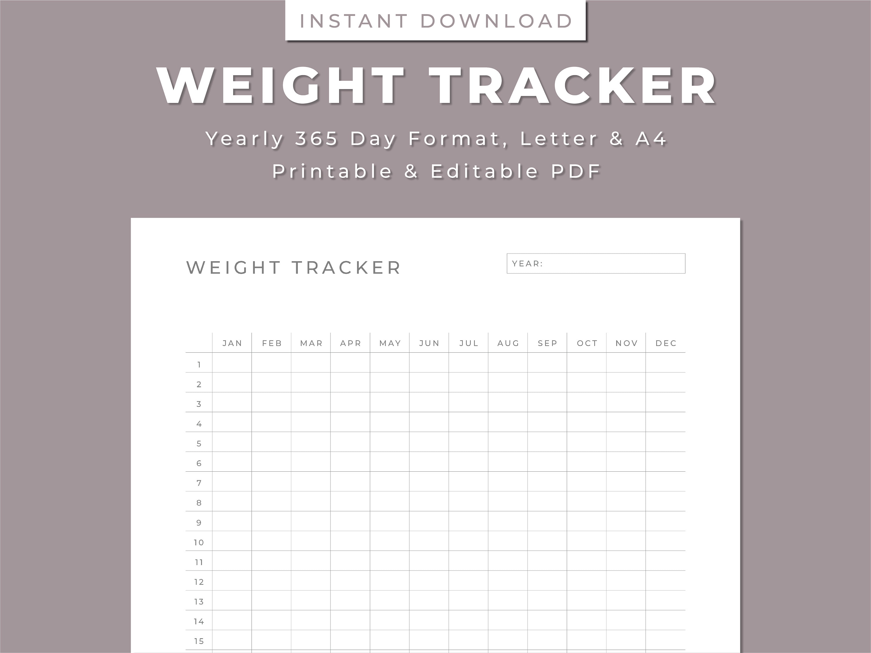 Weight Tracker, Yearly Weight Tracker, 365 Days, Daily Weight Journal ...