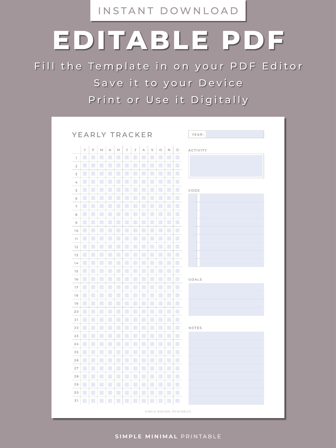 Yearly Tracker Printable Planner, Year in Pixels, Goals, Color Code ...