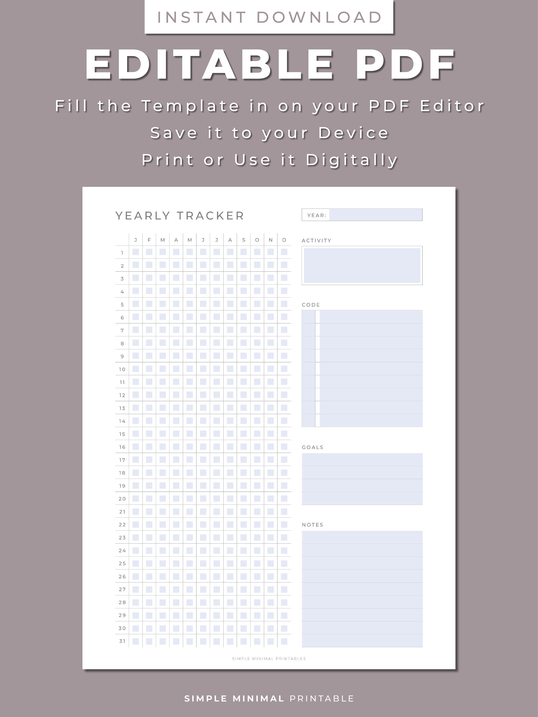 Yearly Tracker Printable Planner, Year in Pixels, Goals, Color Code ...