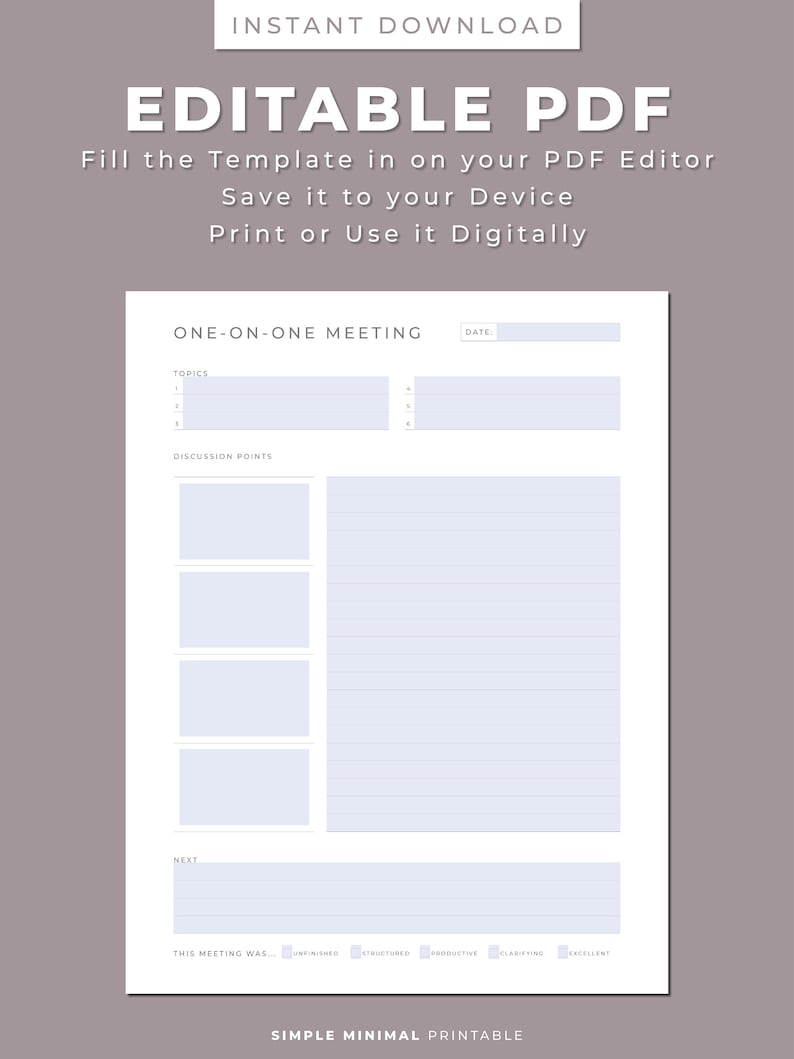 One-on-one Meeting Notes Printable: Agenda and Minutes (letter/a4 ...
