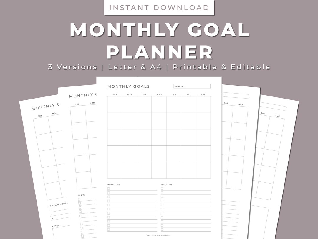 Monthly Goal Planner Printable: A4/letter Size (instant Download PDF ...