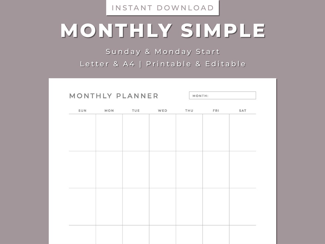 Simple Monthly Calendar Printable: Undated Planner (letter/a4 PDF) - Etsy