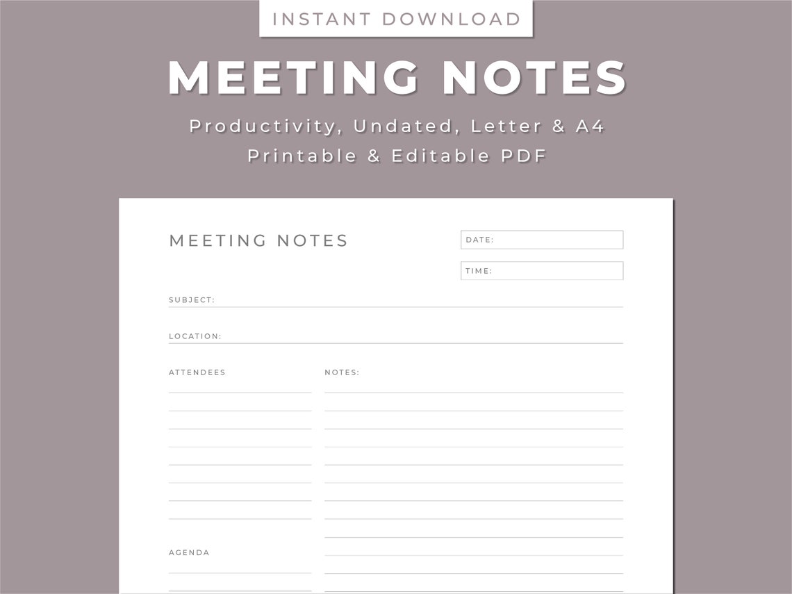 Meeting Notes Printable Planner, Meeting Agenda, Meeting Minutes ...