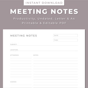 Meeting Notes Printable Planner, Meeting Agenda, Meeting Minutes ...