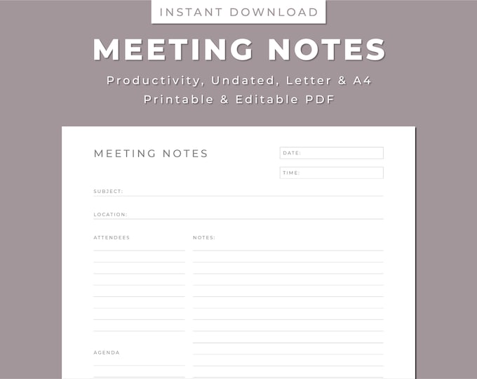 Meeting Notes Printable Planner, Meeting Agenda, Meeting Minutes ...