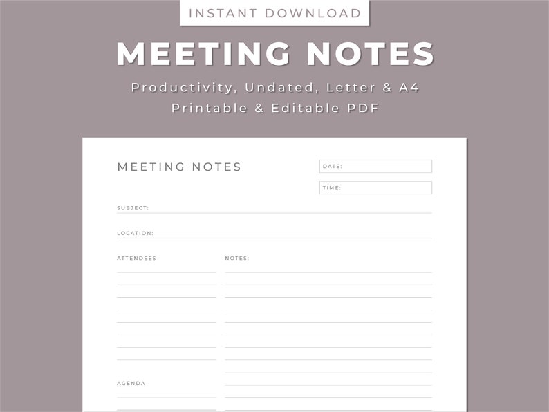 Meeting Notes Printable Planner, Meeting Agenda, Meeting Minutes ...