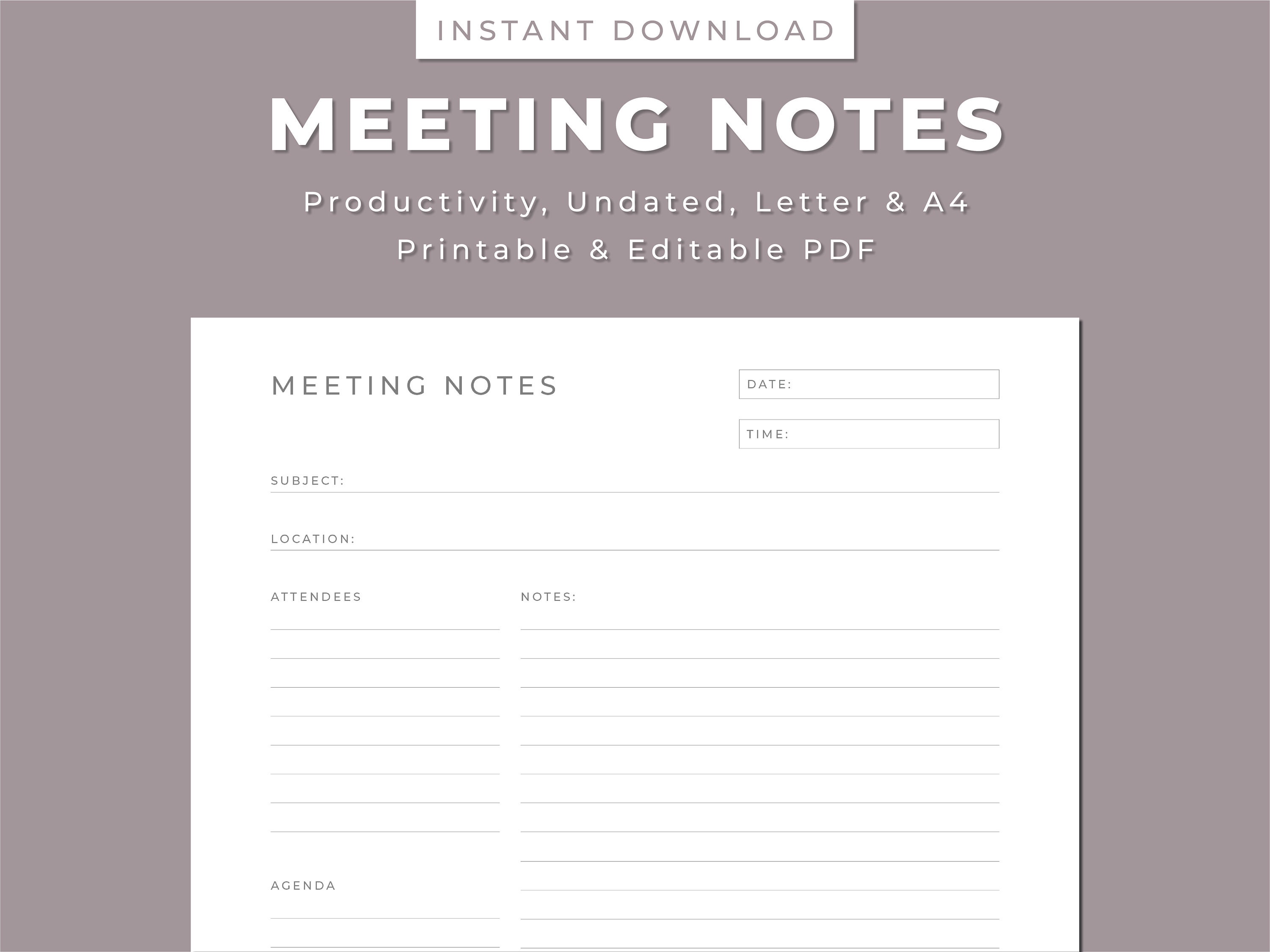 Meeting Notes Printable Planner, Meeting Agenda, Meeting Minutes ...