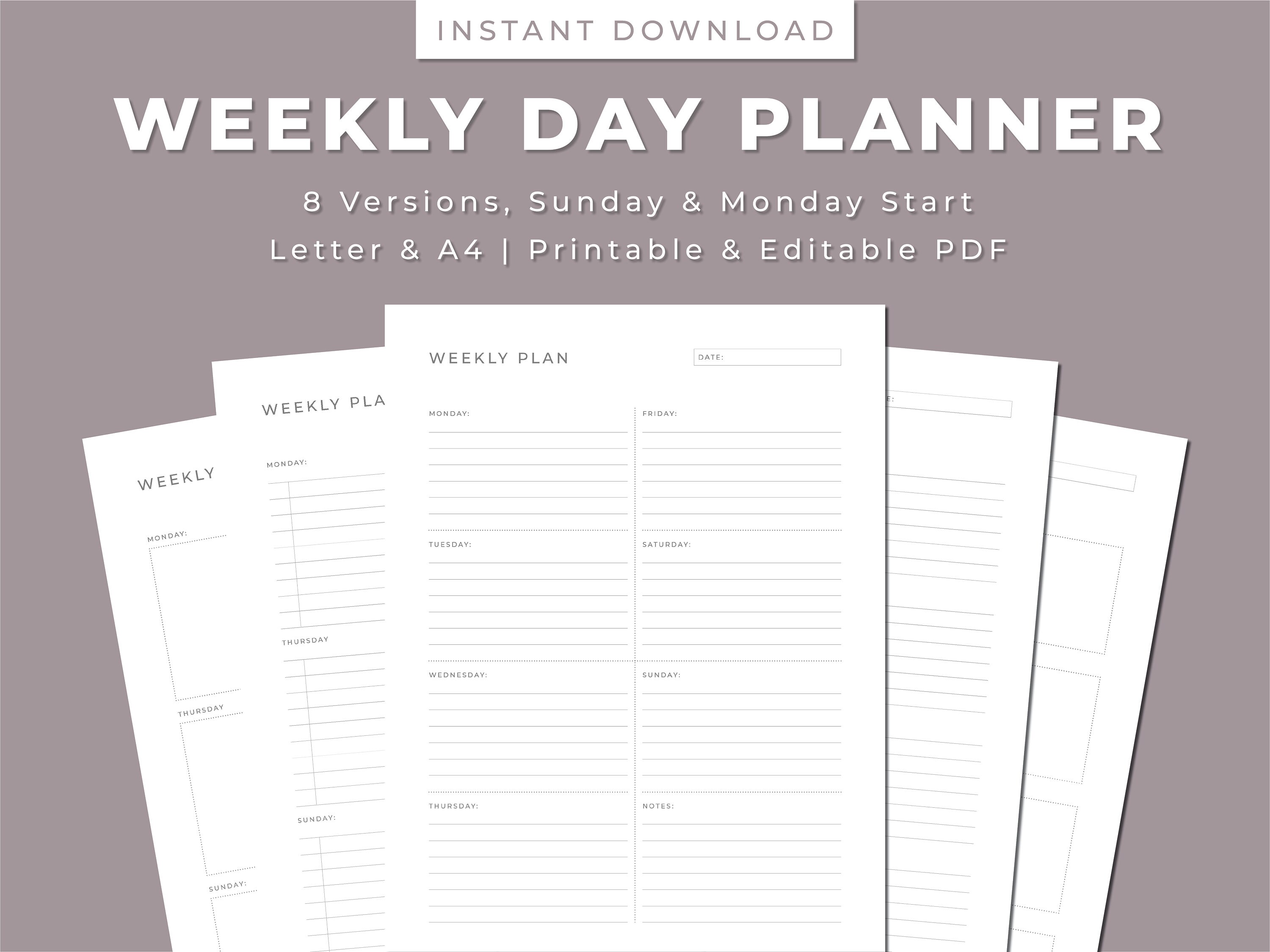 Weekly Day Planner Printable, Editable, Undated Planner, Instant ...