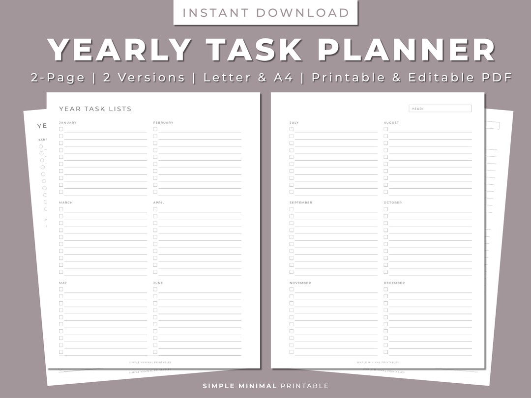 Yearly Task Planner Printable, 2-page, Year-at-a-glance, Annual ...