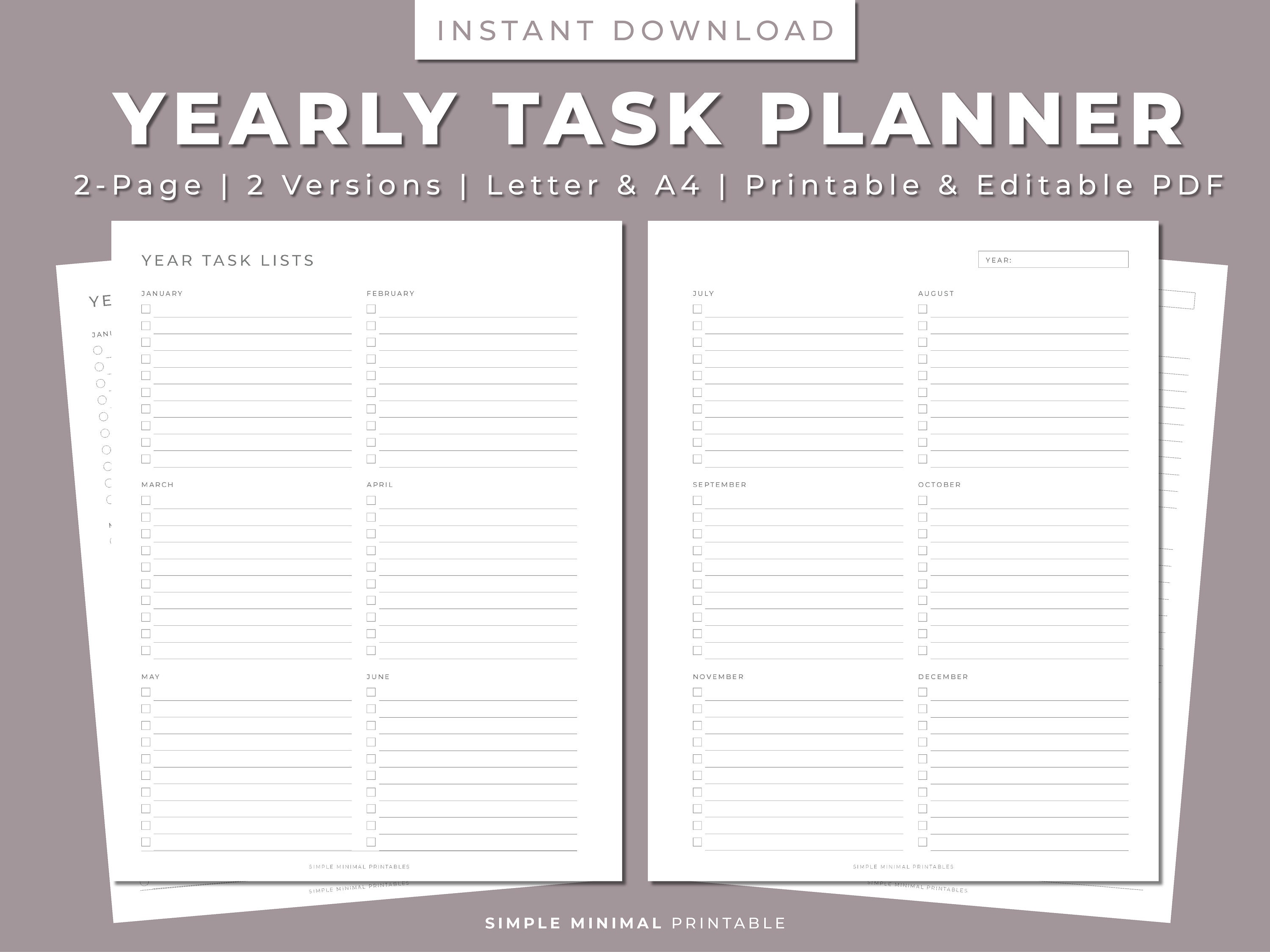 Yearly Task Planner Printable, 2-page, Year-at-a-glance, Annual ...