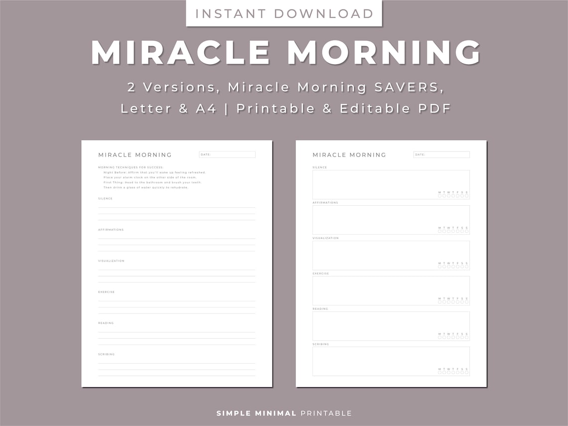 Miracle Morning Printable, Planner and Habit Tracker, Morning Routine ...
