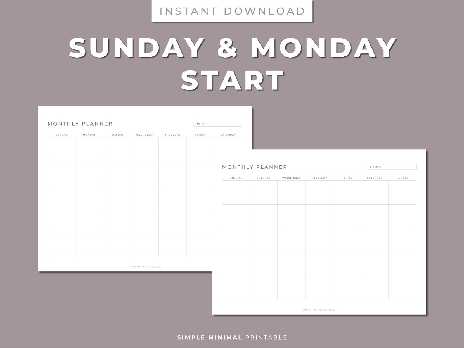 Monthly Simple Calendar Printable, Landscape, Template, Insert, Sun/mon ...