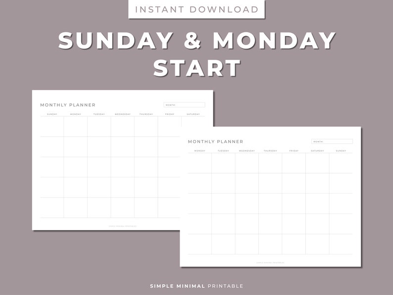 Monthly Simple Calendar Printable, Landscape, Template, Insert, Sun/mon ...