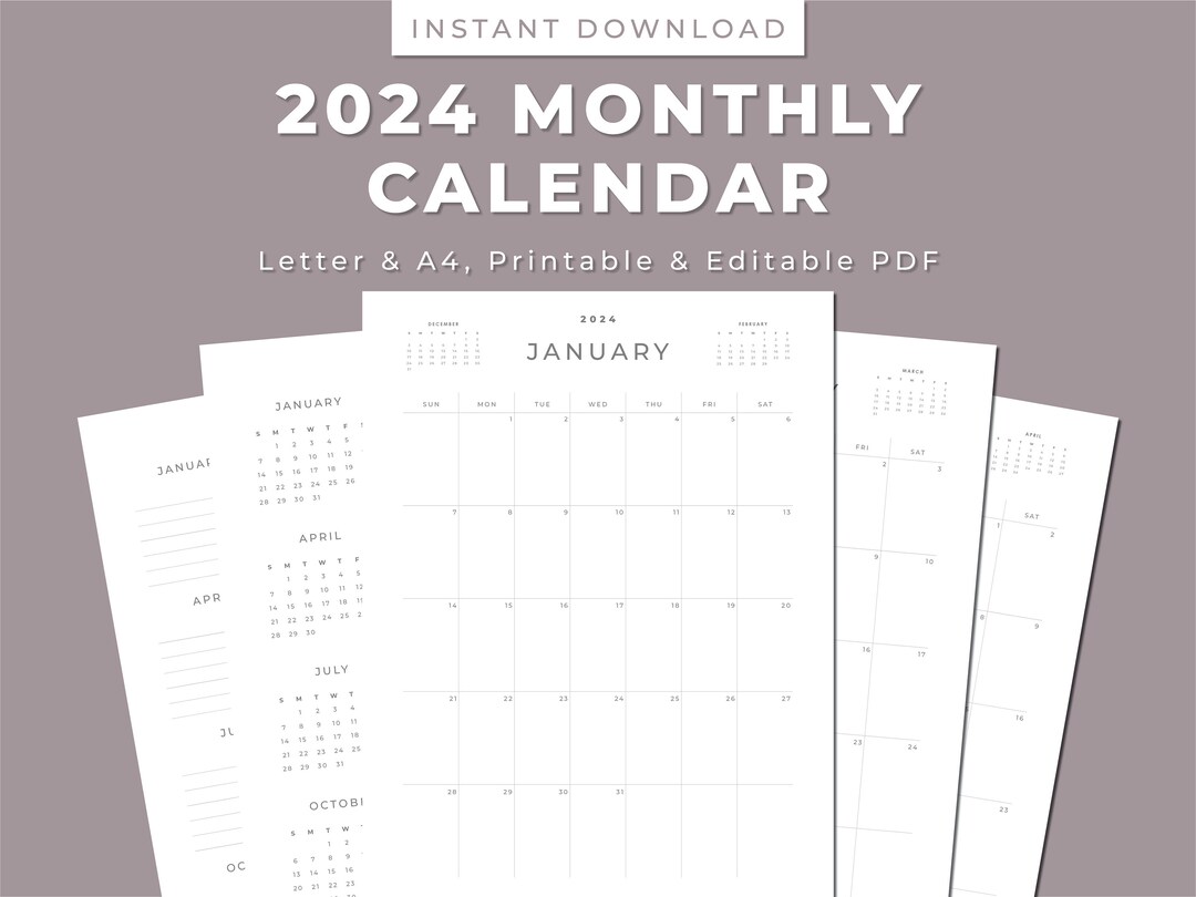 2024 Monthly Printable Calendars, Includes Yearly Calendars, Minimalist ...