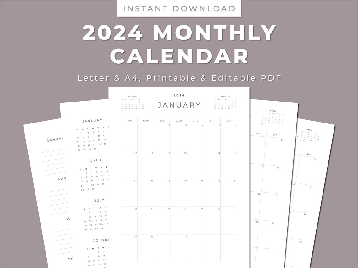2024 Monthly Printable Calendars, Includes Yearly Calendars, Minimalist ...