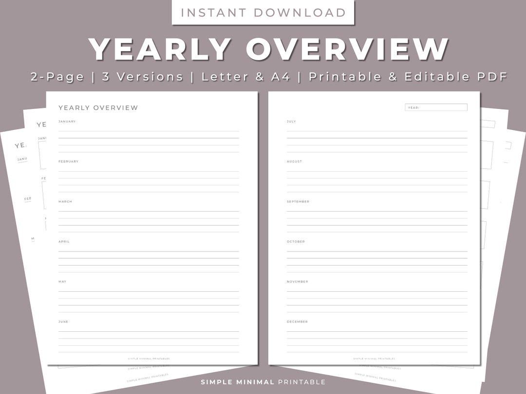 Yearly Overview Printable Planner, 2-page, Year-at-a-glance, Annual ...