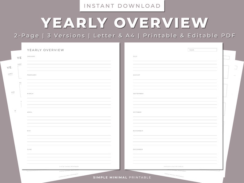 Yearly Overview Printable Planner, 2-page, Year-at-a-glance, Annual ...