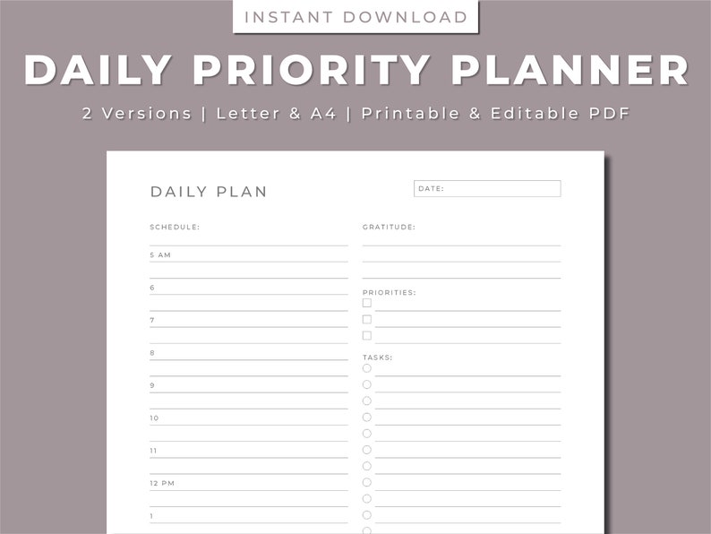 Daily Priority Planner, Printable & Editable, Undated Planner, Instant ...