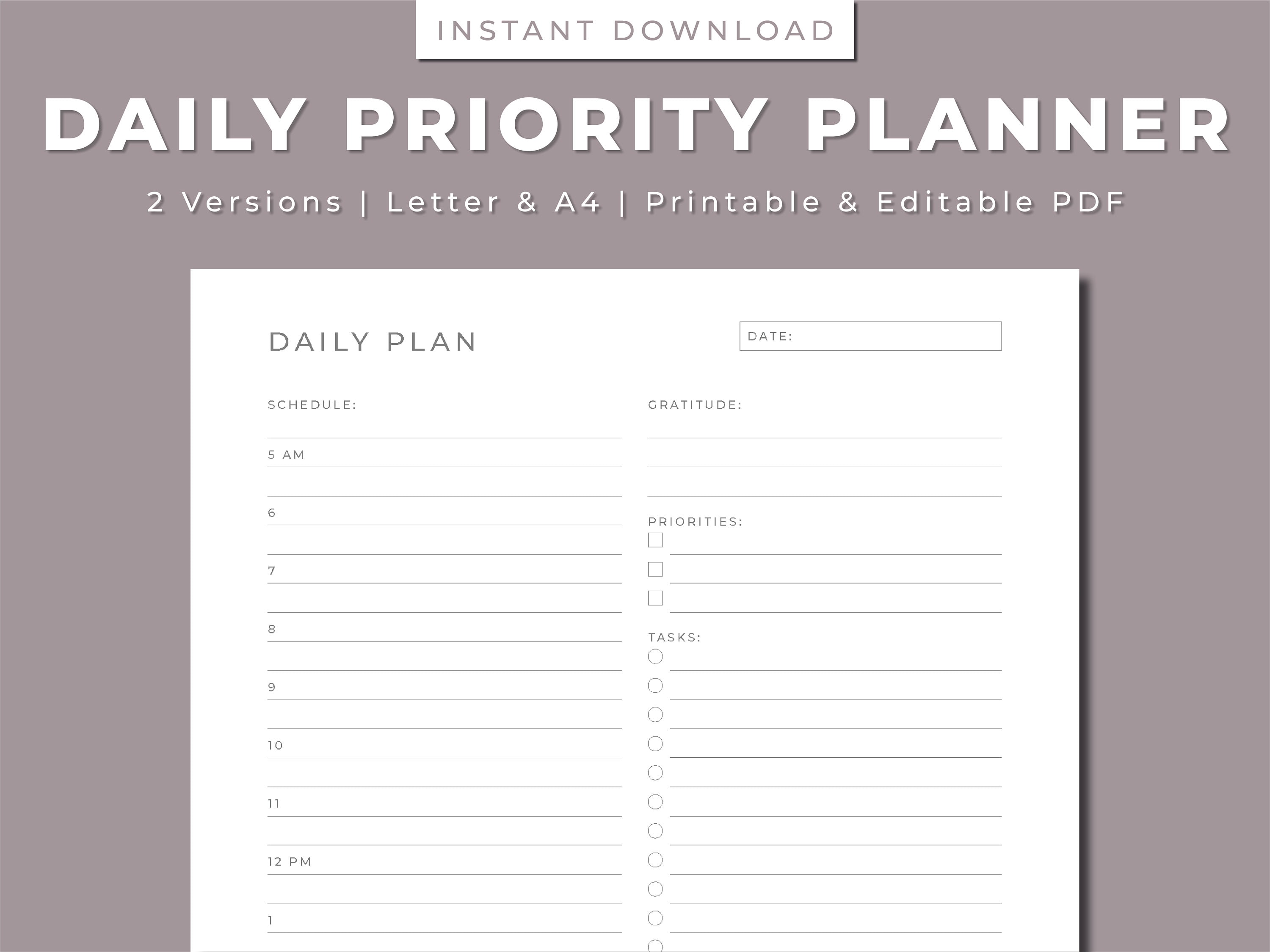 Daily Priority Planner, Printable & Editable, Undated Planner, Instant ...