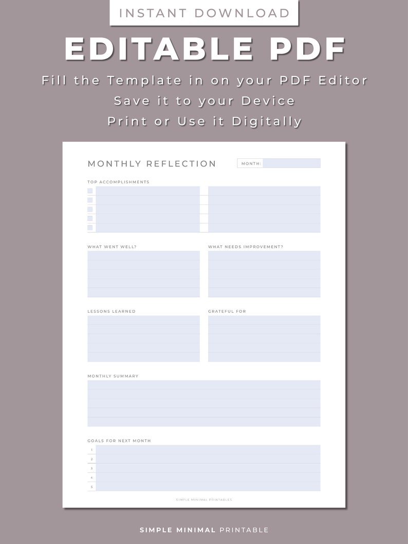 Monthly Reflection Planner Printable, Goals, Gratitude, Summary, Notes ...