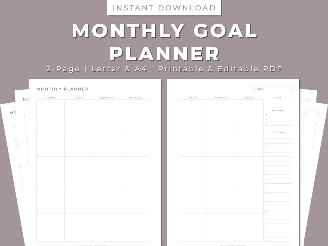 Monthly Goal Planner 2-page Printable, One Month Undated, 4 Versions ...