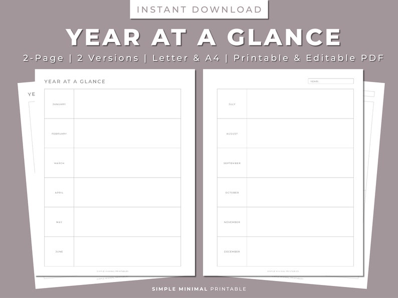 Minimalist Year at A Glance Planner: Letter & A4 (printable PDF) - Etsy ...