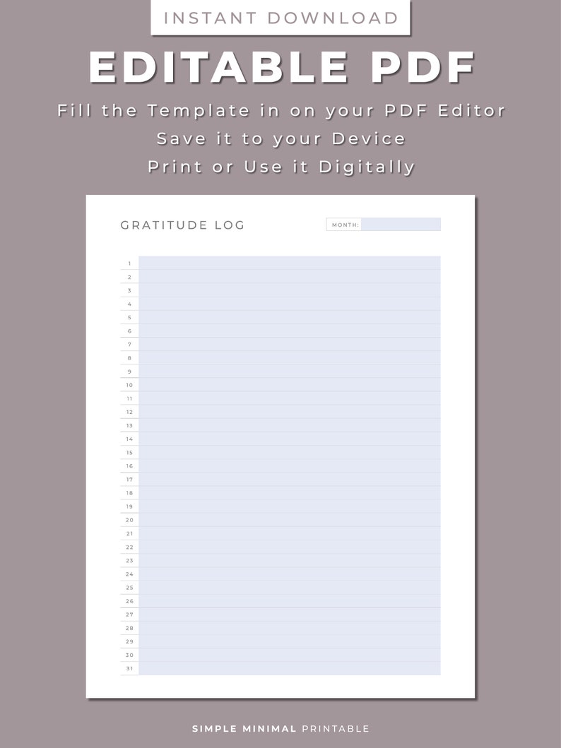 Monthly Gratitude Log Printable: Simple Gratitude Tracker (letter/a4 ...