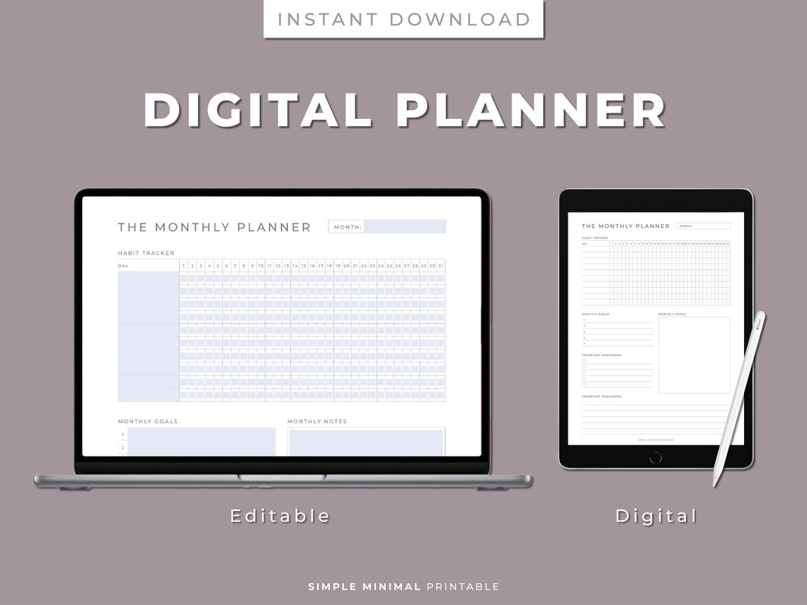 Monthly Planner Printable, Goals, Reminders, Habit Tracker, Notes ...