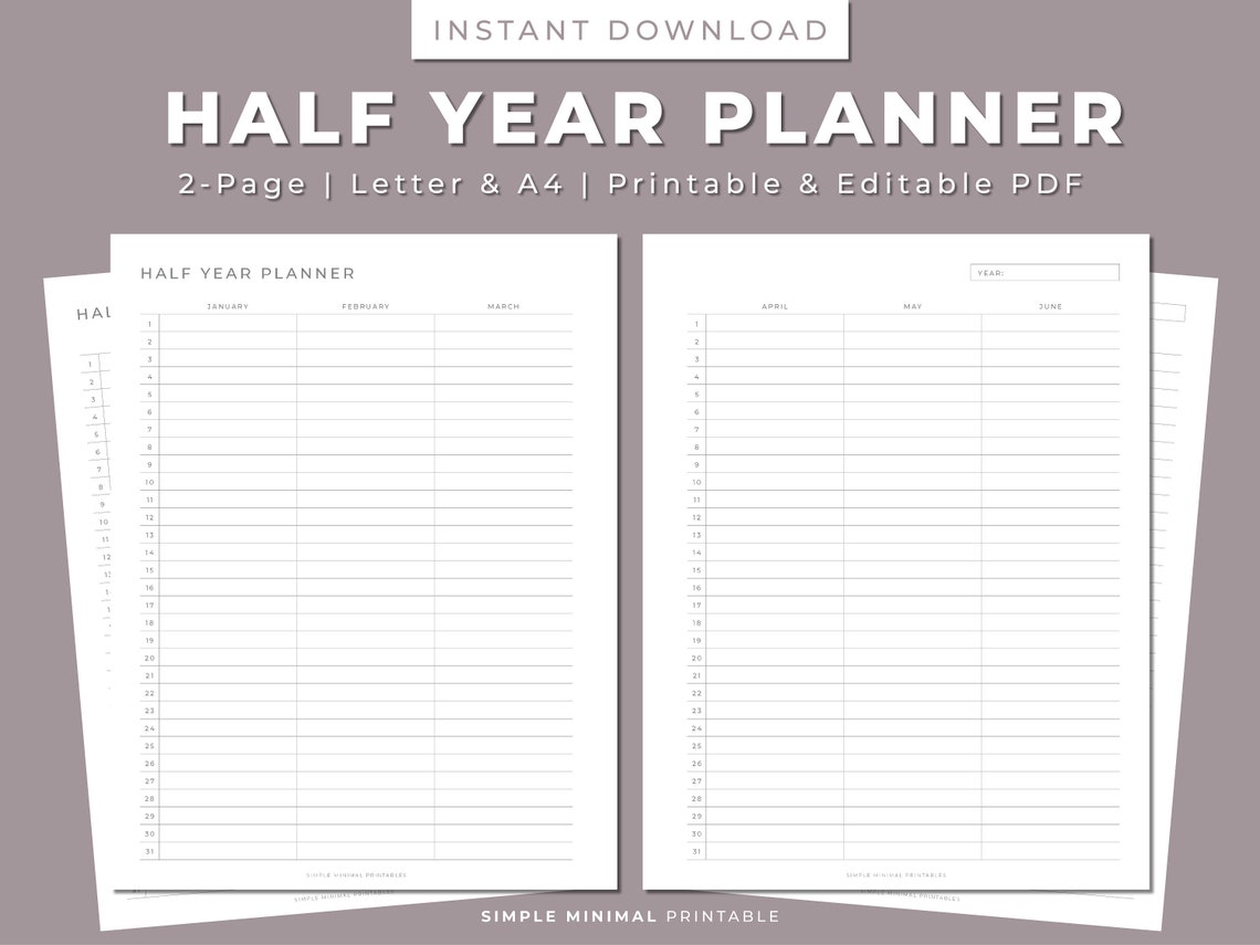 Half Year Printable Planner, 2-page, Year-at-a-glance, Annual Perpetual ...