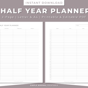 Half Year Printable Planner, 2-page, Year-at-a-glance, Annual Perpetual ...