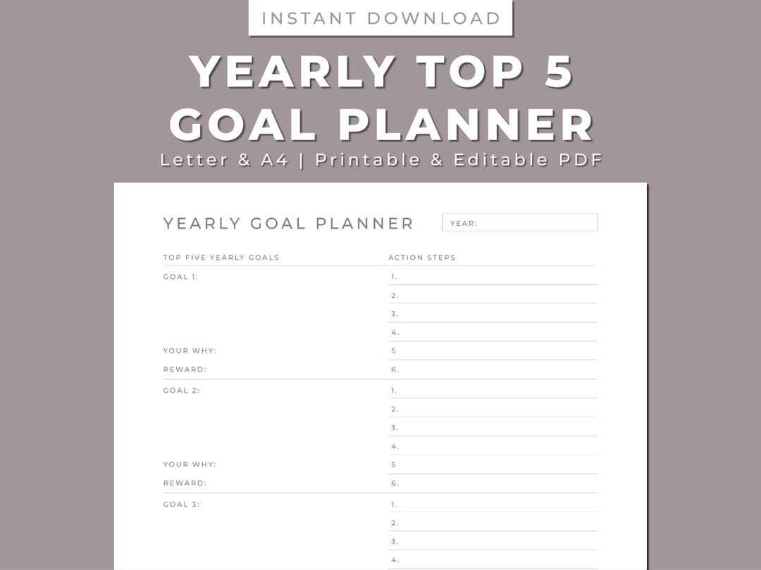 Yearly Top 5 Goal Planner Printable, Goal Setting, Goal Defining, Goal ...