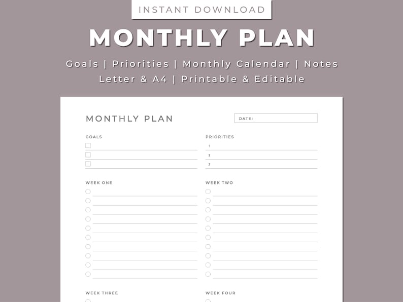 Monthly Plan Printable, Goals, Priorities, Calendar, Notes, Printable ...