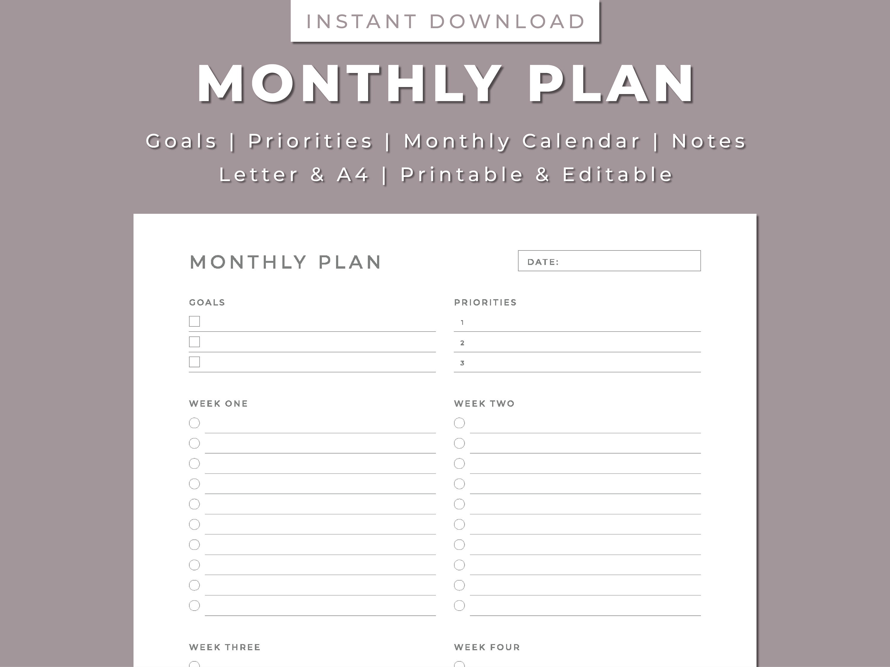 Monthly Plan Printable, Goals, Priorities, Calendar, Notes, Printable ...