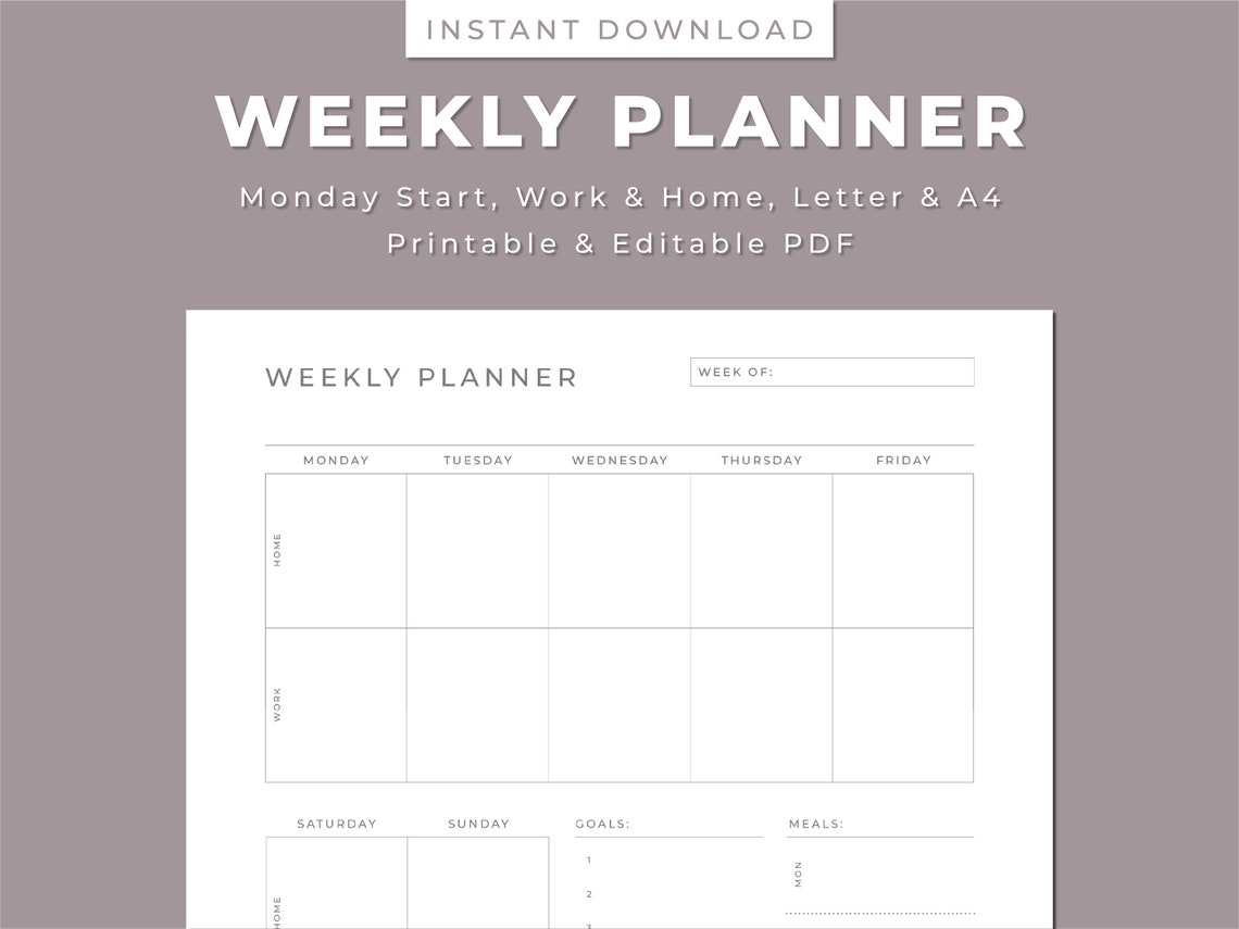 Weekly Printable Planner: Goals, Meals, Habit Tracker (letter/a4) - Etsy