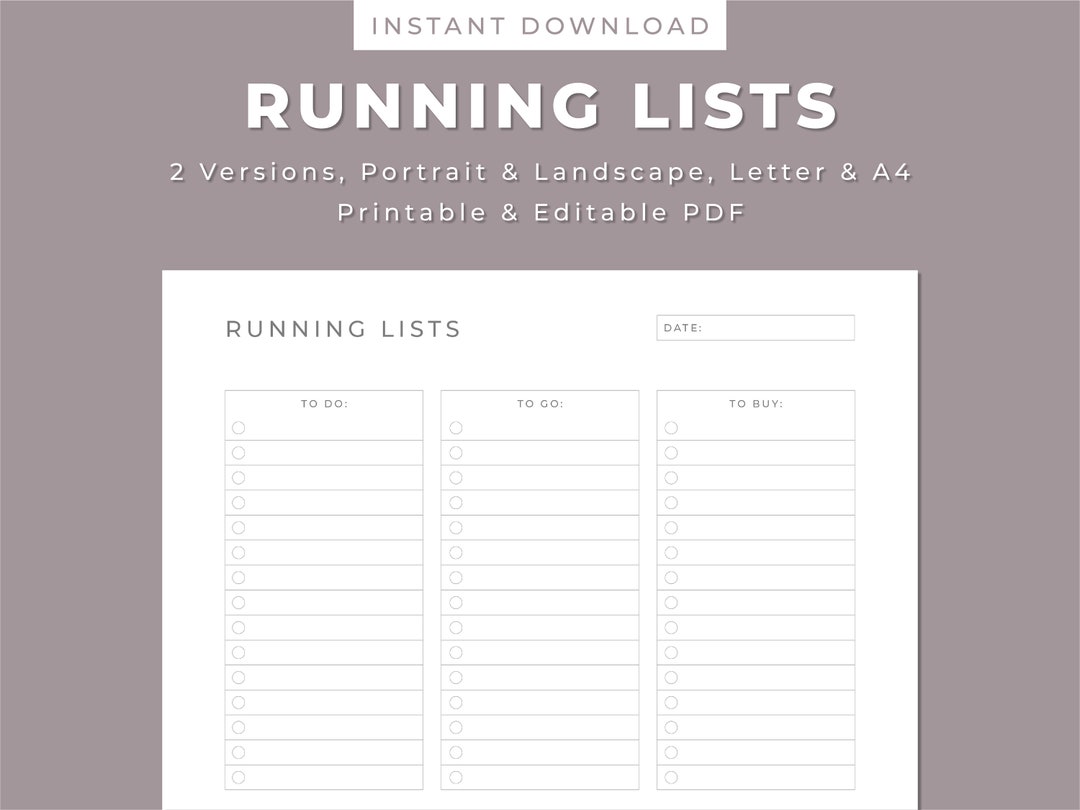 Running To-do Lists Printable: Simple Task Planner (PDF) - Etsy