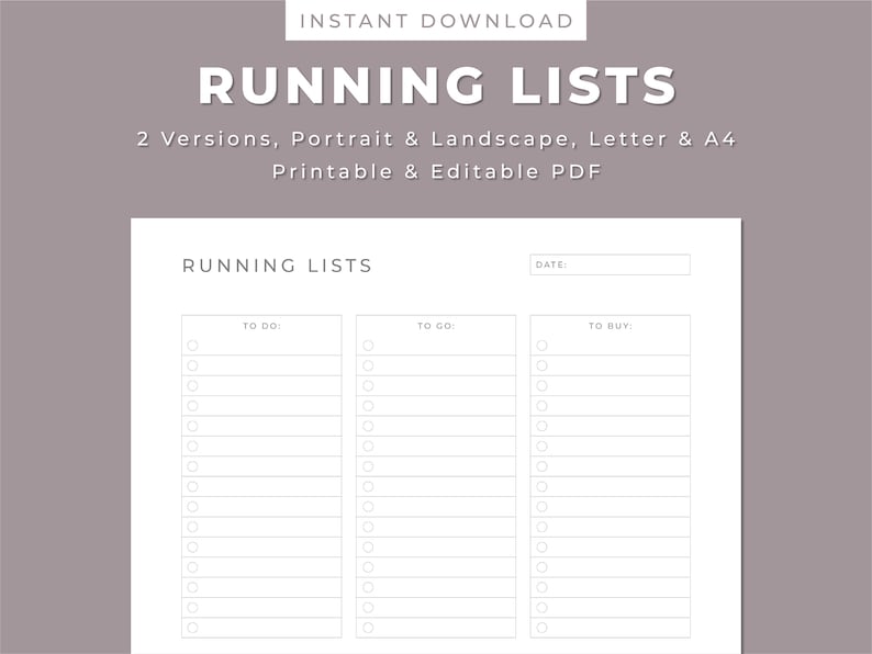 Running To-do Lists Printable: Simple Task Planner (PDF) - Etsy