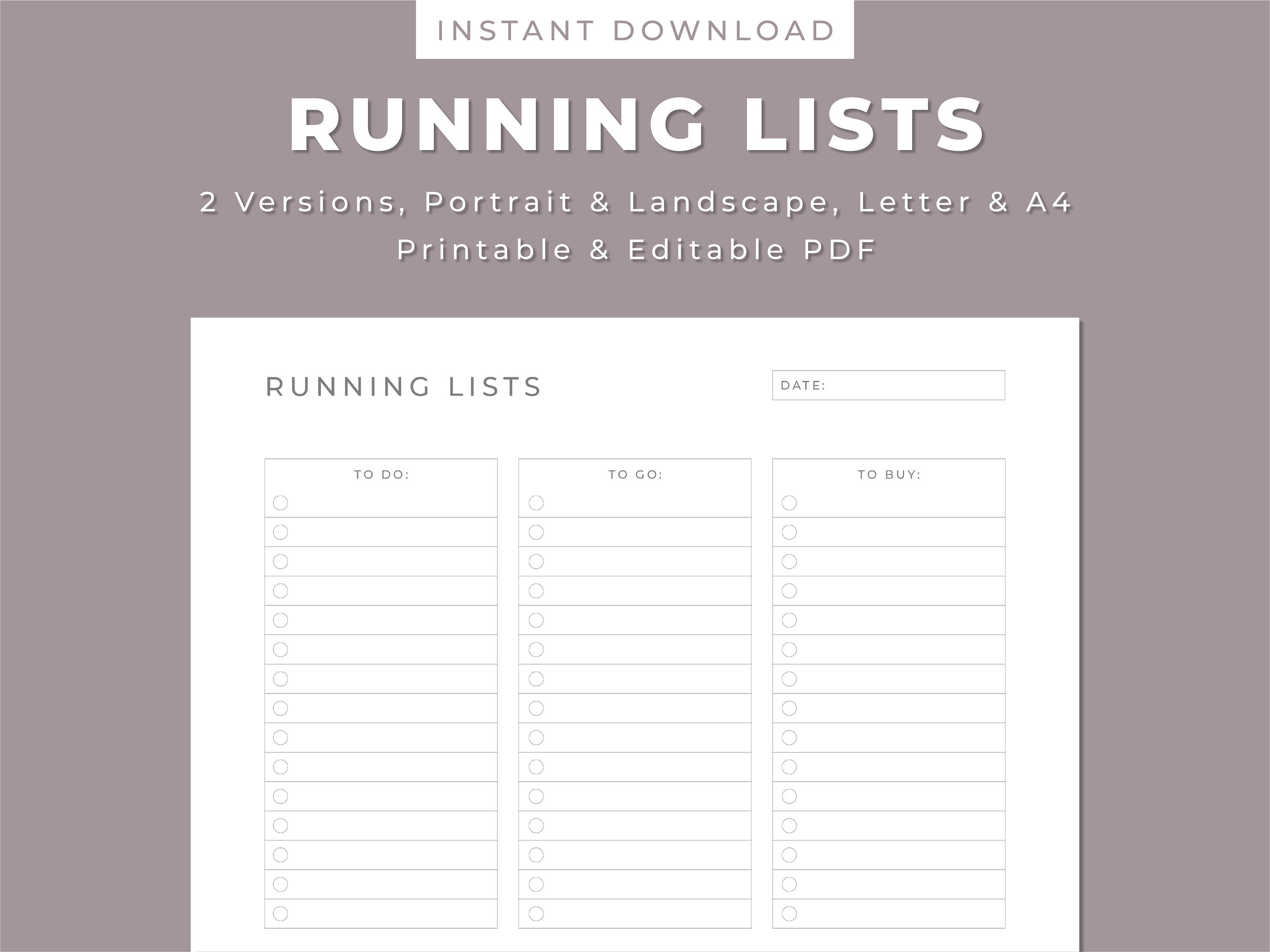 Running To-do Lists Printable: Simple Task Planner (PDF) - Etsy