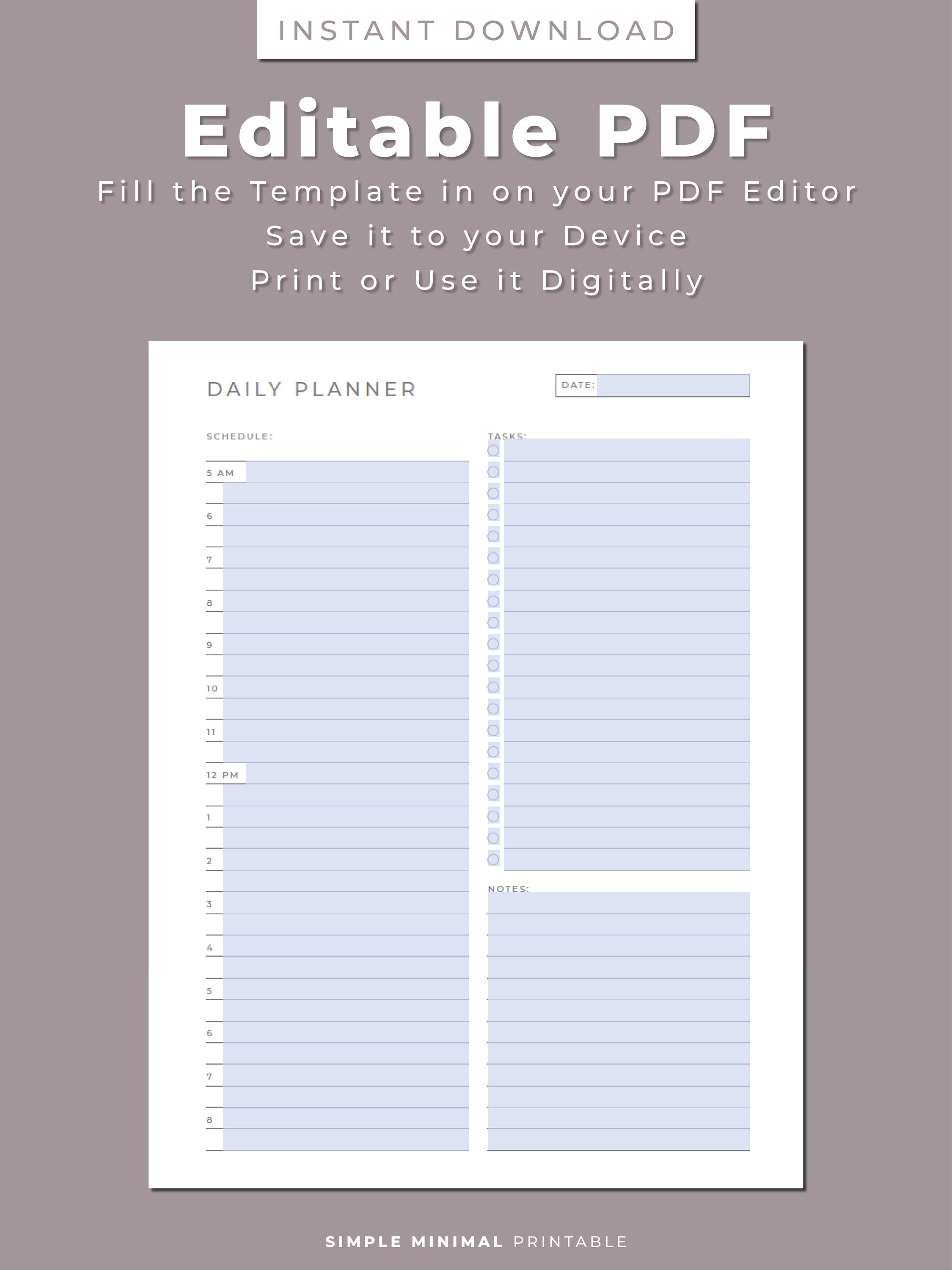 Daily Schedule Planner, Printable & Editable, Undated Planner, Instant ...