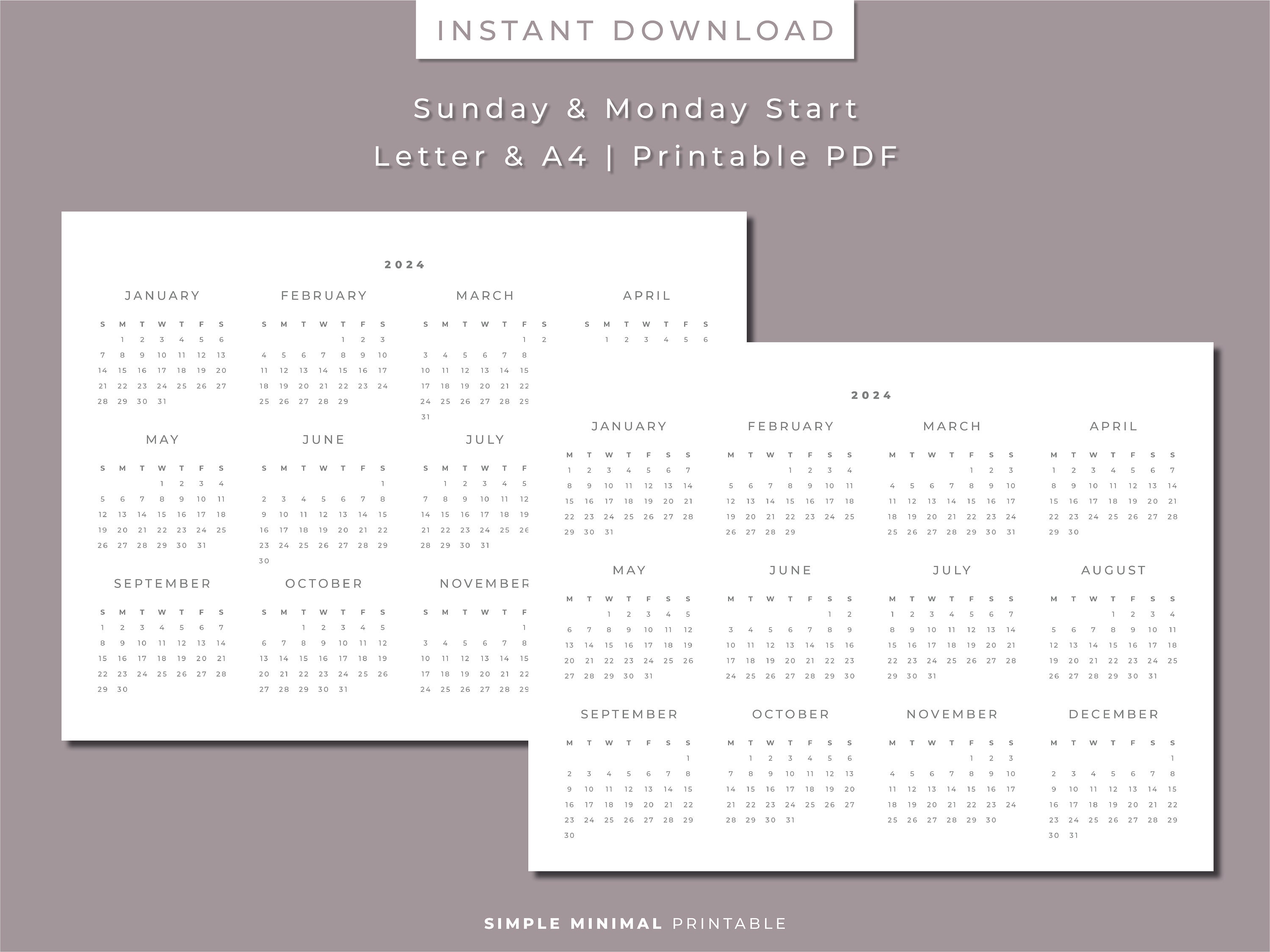2024 Yearly Calendar Printable, Simple Yearly Calendar, Yearly Wall ...