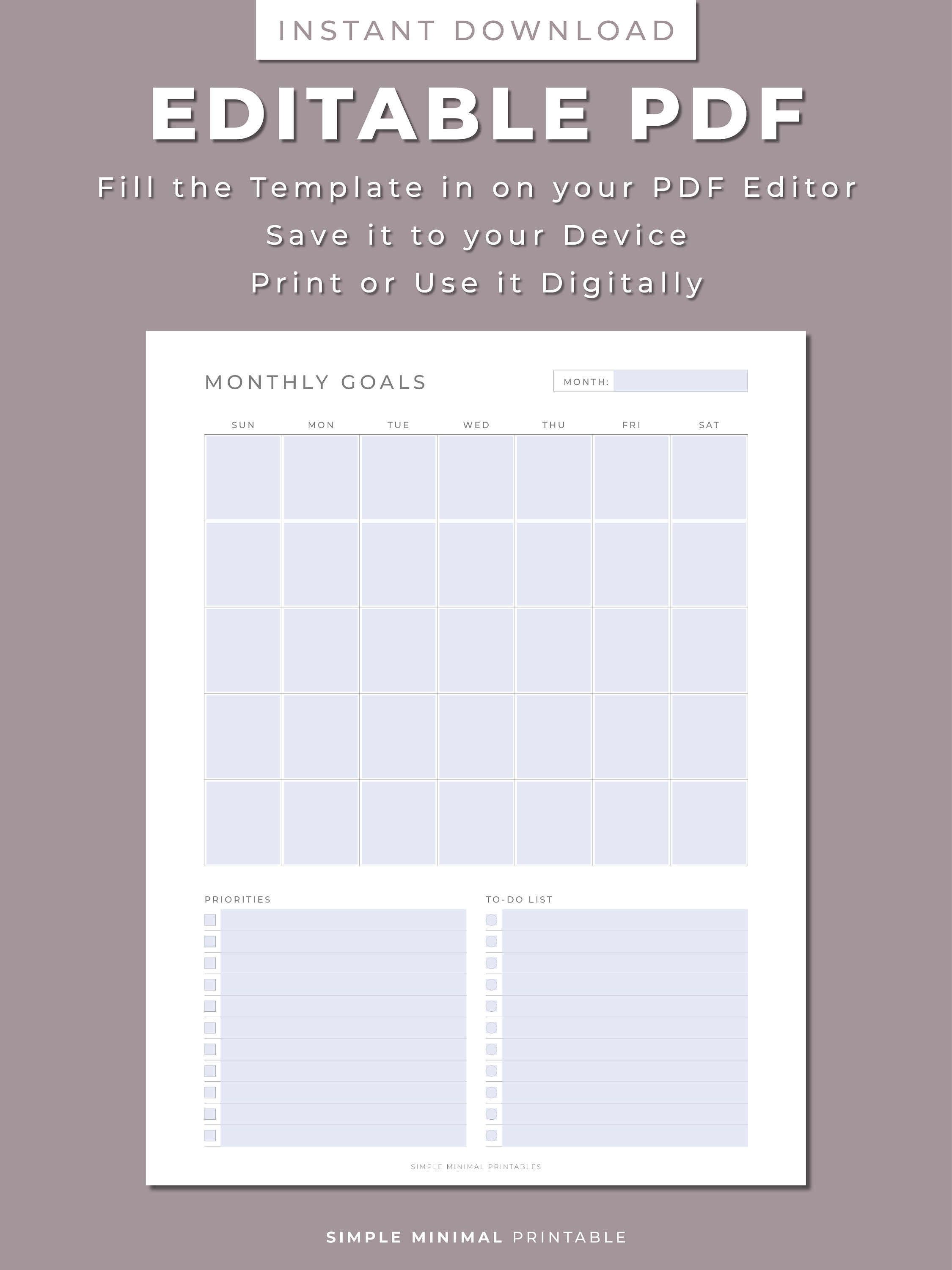 Monthly Goal Planner Printable: A4/letter Size (instant Download PDF ...