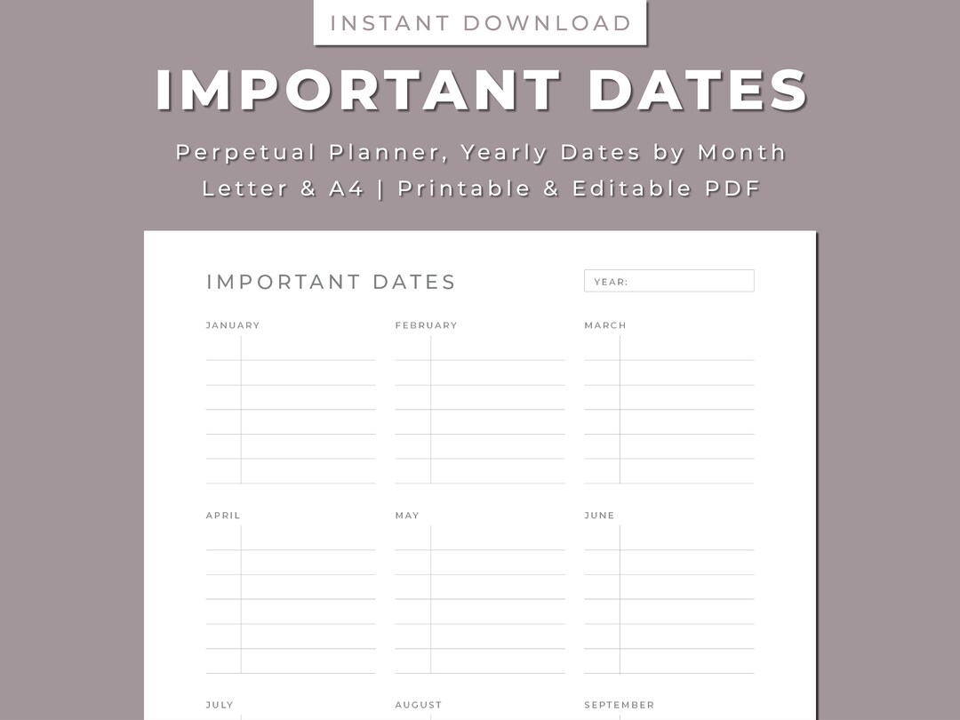 Important Dates Planner: Printable Yearly Calendar (letter & A4 ...