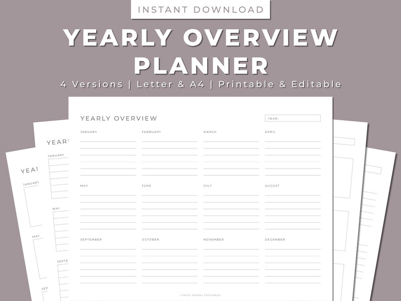 Yearly Overview Printable Planner, Year-at-a-glance, Annual Perpetual ...