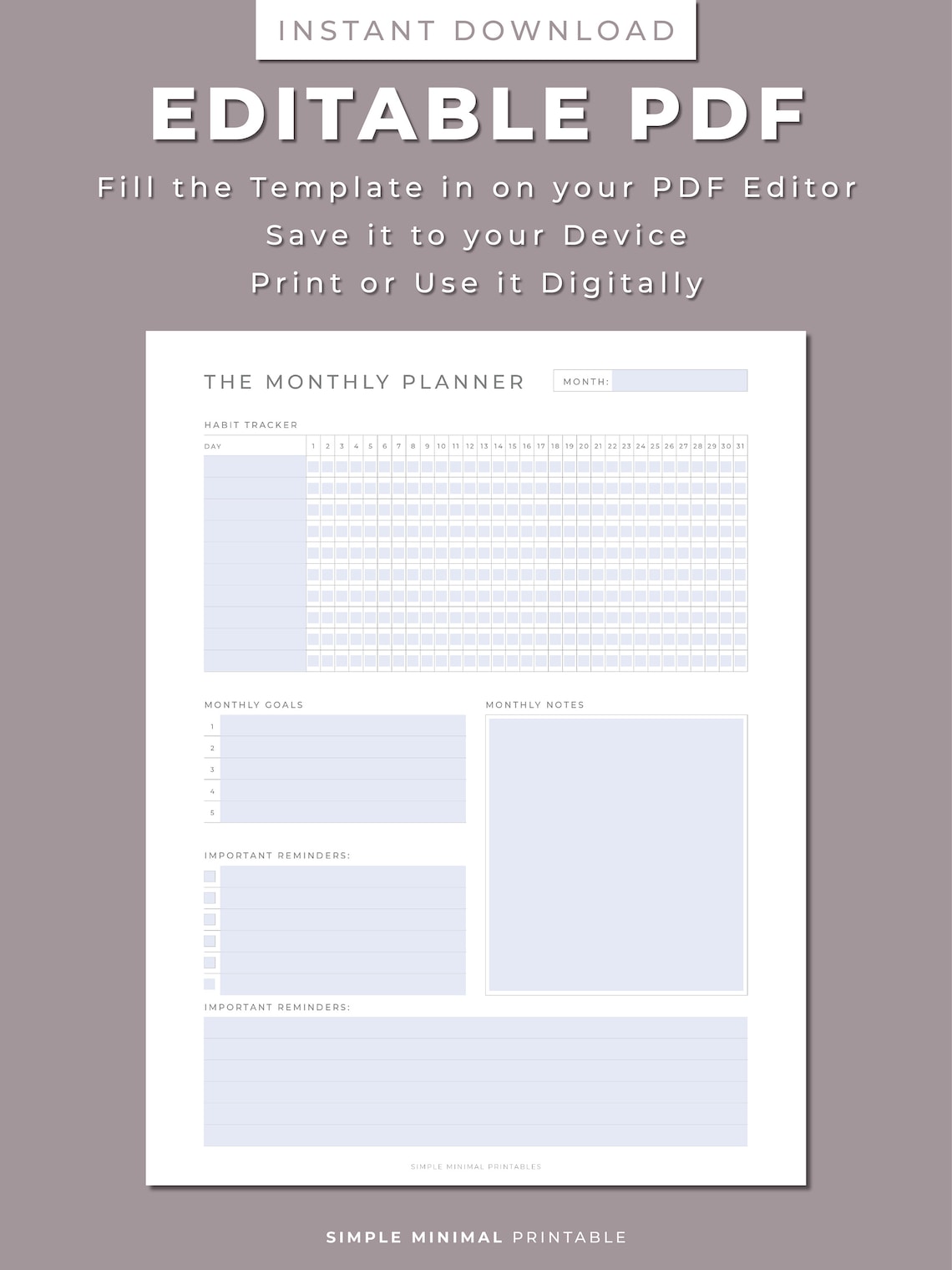 Monthly Planner Printable, Goals, Reminders, Habit Tracker, Notes ...