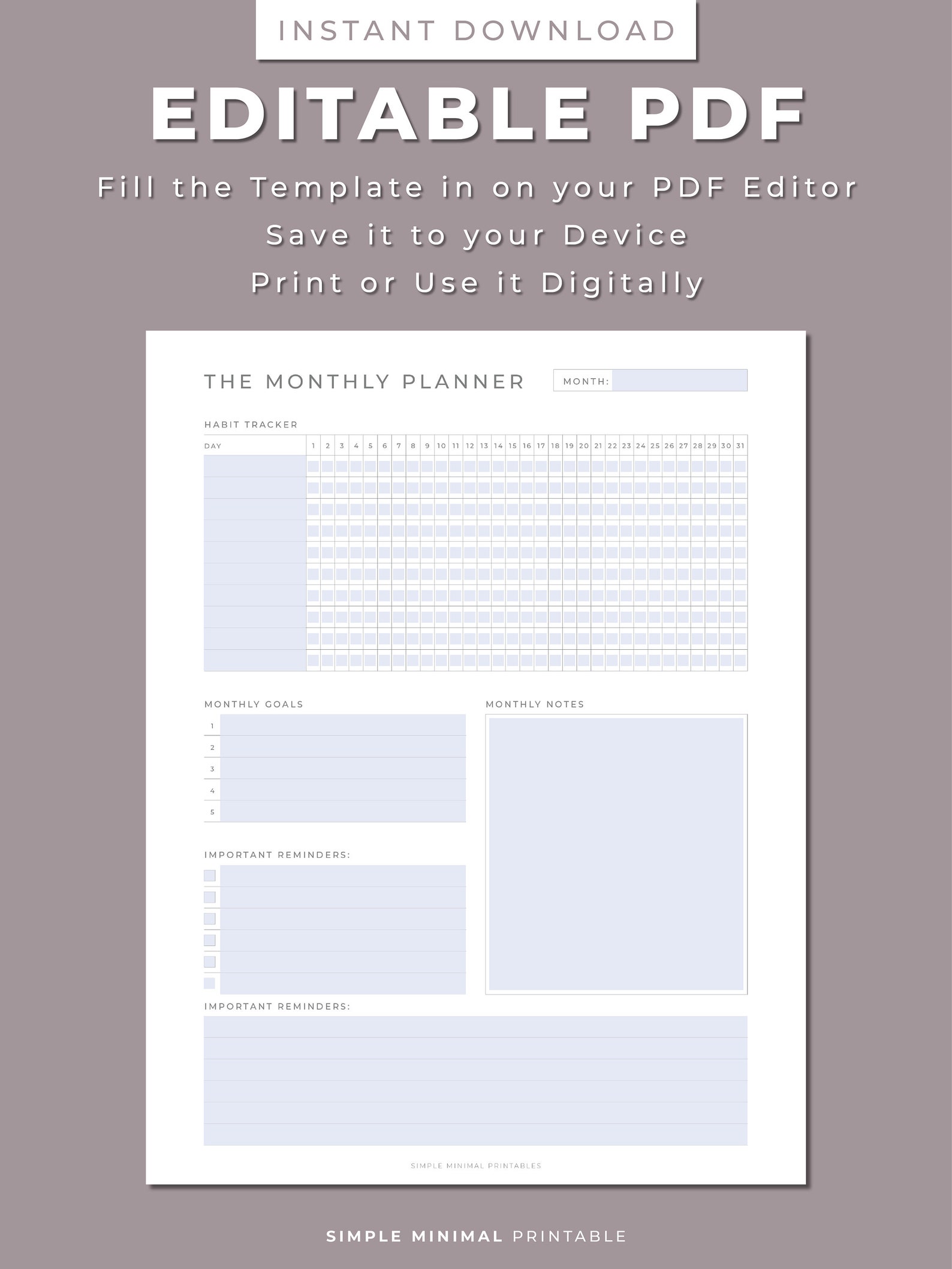 Monthly Planner Printable, Goals, Reminders, Habit Tracker, Notes ...