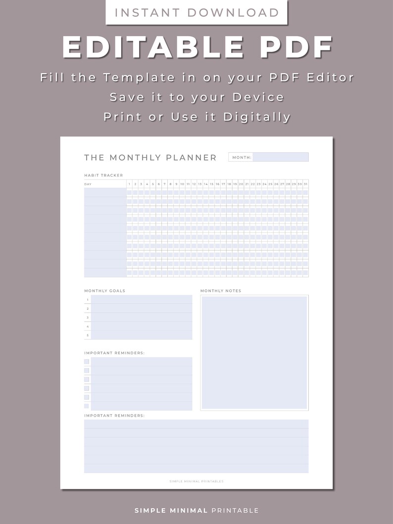 Monthly Planner Printable, Goals, Reminders, Habit Tracker, Notes ...